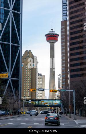 Street in Calgary downtown with the iconic Calgary Tower, Alberta ...