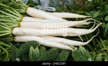 High-Resolution Image: Fresh Radishes (Mooli) at a Vibrant Indian ...