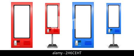 Self order kiosk realistic 3d vector mockup. Vending machines with sensor panel and pos terminal ...