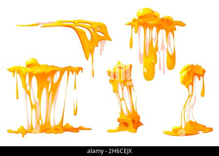 Set of melted cheese, cartoon mellow pieces with dripping stretches ...