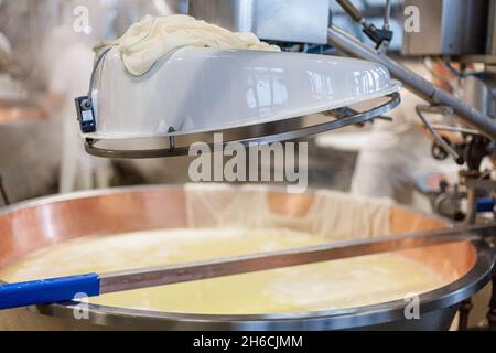 Parmesan Rarmigiano Reggiano italian cheese manufacturing at dairy farm ...