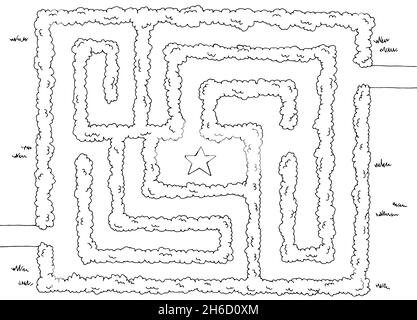 Garden maze bush graphic black white sketch top aerial view ...
