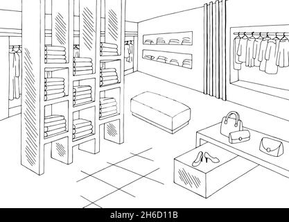 Shop interior store graphic black white sketch illustration vector ...