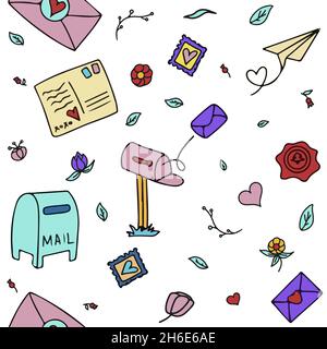 A set of vector mail doodles Seamless Patterns. Icons with paper ...