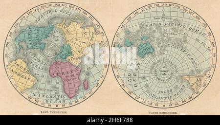 World. Land & Water Hemispheres. JOHNSON 1866 old antique map plan ...