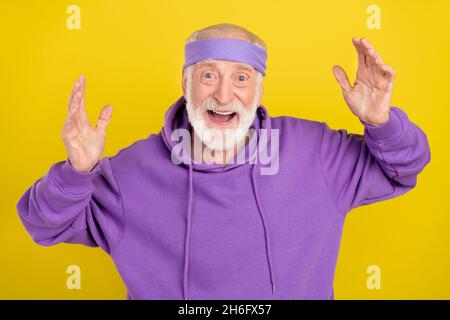Photo of excited cool retired man dressed plaid suit showing v-sign ...