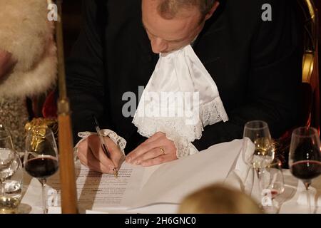 Lord Chancellor Dominic Raab makes adjustments to his speech at the ...