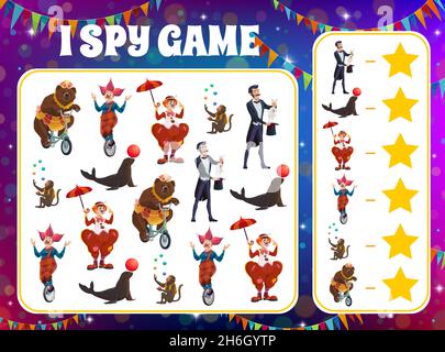 Kids I spy game with shapito circus clowns and performers, vector ...