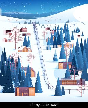 cableway in snowy mountains residential houses area ski resort ...