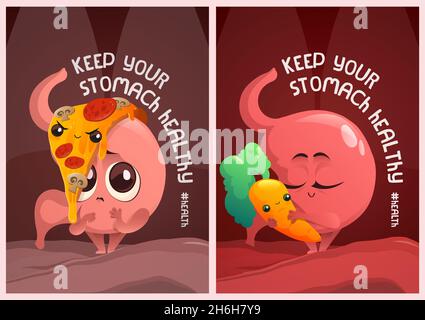 Cute funny intestine organ with good bacterias,microflora. Vector hand ...