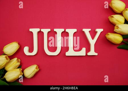 July alphabet letter and tulip flower with space copy on purple ...