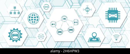 Concept of connected cars with icons on blurred dark background Stock ...