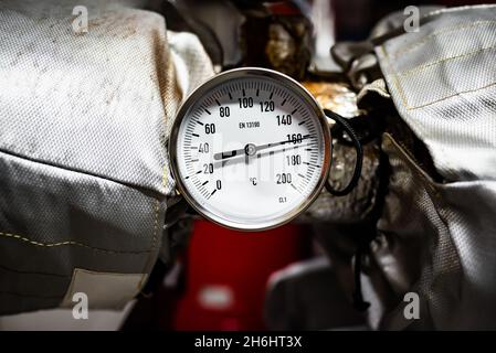 Barometers on pressure pipes, technical room with heat and water ...