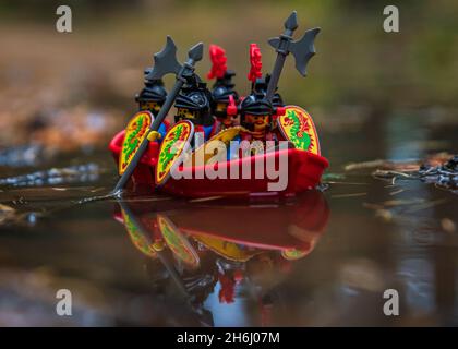 Lego classic knights minifigures in red boat Stock Photo - Alamy