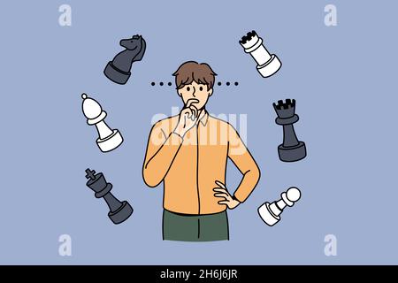 Thinking of strategy and chess concept. Young man cartoon character ...