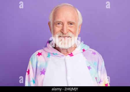 Photo of pretty charming retired man wear red t-shirt typing modern ...
