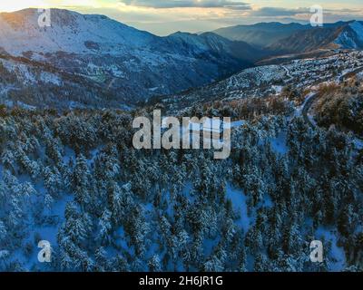 Aerial view of the snowy mountain Taygetus (also known as Taugetus or ...