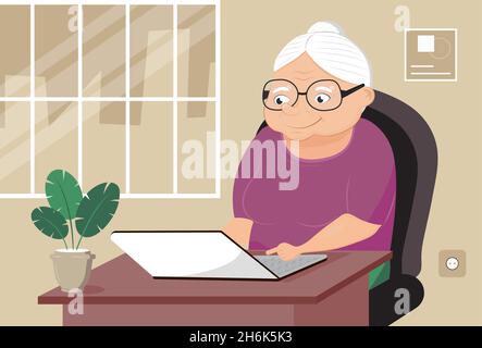 Happy grandma with laptop. Cute cartoon grandmother sitting at a table ...