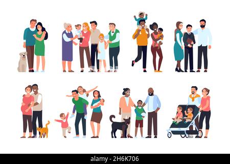 Happy family groups. Adult parents couple playing with kids vector ...