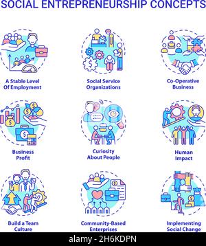 Social entrepreneurship outline icons collection. Social ...