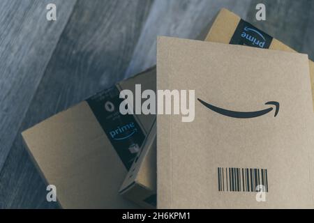Opened Amazon Prime boxes on a front porch Stock Photo - Alamy