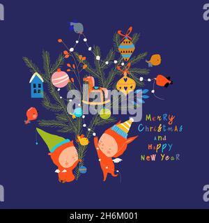 Cartoon Little Angels celebrating Winter Holidays. Merry Christmas ...