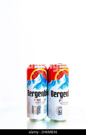 Bergenbier beer isolated on white. Illustrative editorial photo shot in ...