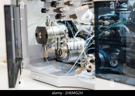 Binary pump in HPLC system. High performance liquid chromatography at ...