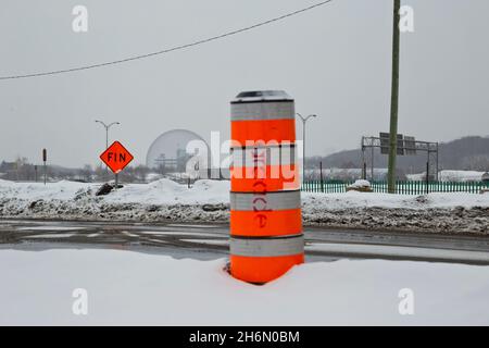The Biosphere in Montreal seen through construction cones on the south ...