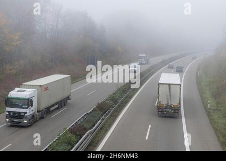 Thick fog on motorway in autumn, motorway, Baden-Wuerttemberg, Germany ...