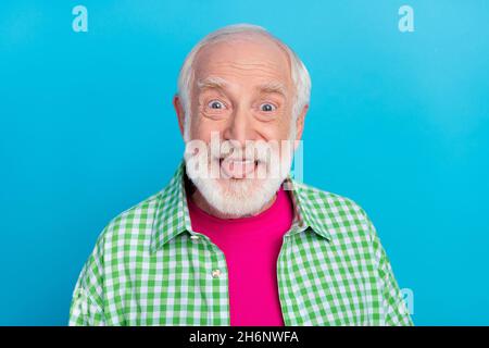 Photo of cheerful funny funky retired man wear grey shirt smiling ...