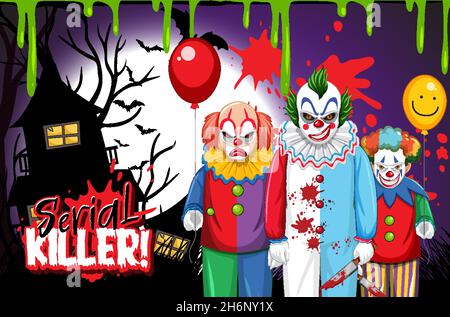 Scary clown holding balloon on white background illustration Stock ...