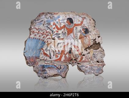 Egyptian wall painting of Nebamun hunting in the marshes- British ...