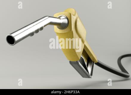 A regular yellow and metal fuel pump nozzle and pipe on an isolated ...