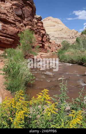 Beautiful view of the Fremon River flowing in rugged rock facade in ...