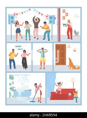 Neighbors party cartoon vector illustration with young happy families ...