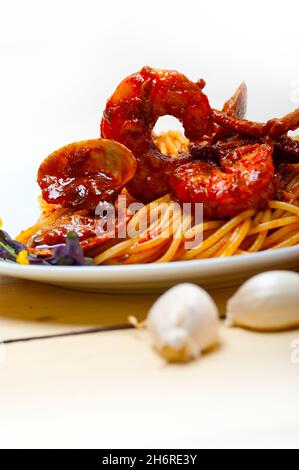 Italian Pasta spaghetti with prawn and vegetables Stock Photo - Alamy