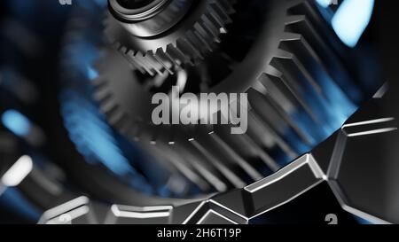 Steel gears from an engine gearbox, close up. High performance engines ...