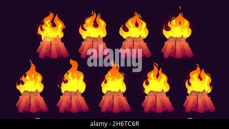 Bonfire animation. Cartoon burning campfire with firewood. Fire flames ...