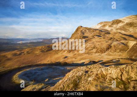 Digital painting of Stwlan Dam and the Moelwyn mountains near Blaenau ...