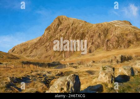 Digital painting of Stwlan Dam and the Moelwyn mountains near Blaenau ...