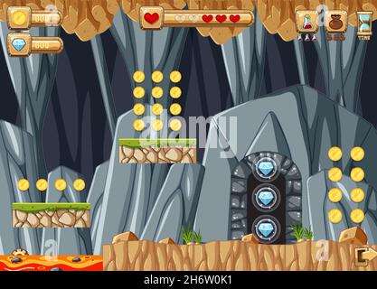 Platformer game template with underground lava theme illustration Stock ...