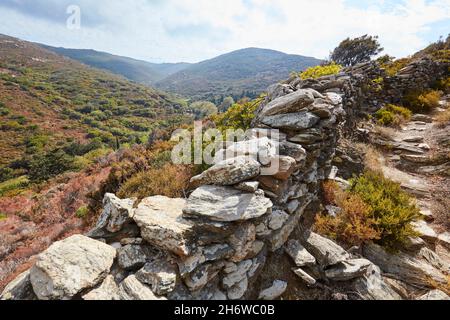 Andros scenery with mountains, canyons and scrub vegetation Stock Photo ...