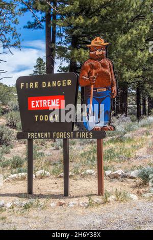 Smokey Bear extreme fire danger sign with a plume of smoke from a ...