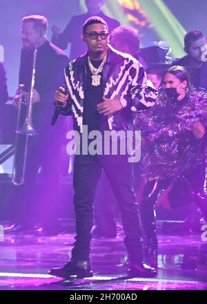 Singer Myke Towers performs during his concert at the WiZink Center, on ...