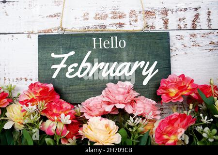 Hello February typography text and flower decorate on purple background ...