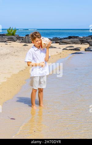 Boy Holding Shell on Ear and is Listening Stock Photo - Alamy