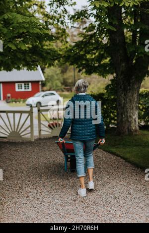 Rear view of senior woman and home caregiver sitting at dining table ...