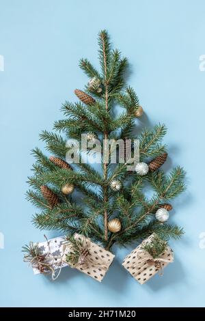 Christmas flatlay background with fir tree, red balls and decora Stock ...