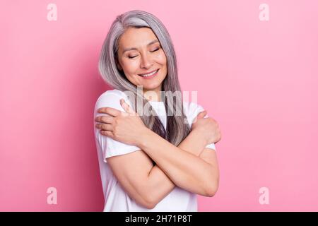 Photo of dreamy pretty girl dressed white blouse arm chin looking empty ...